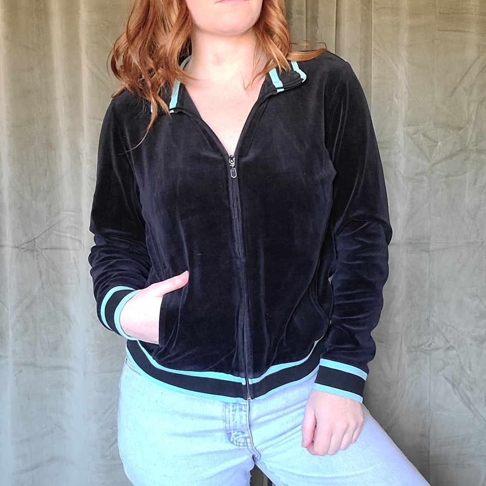 Y2k Black & Blue Velour Zip Up - Gem